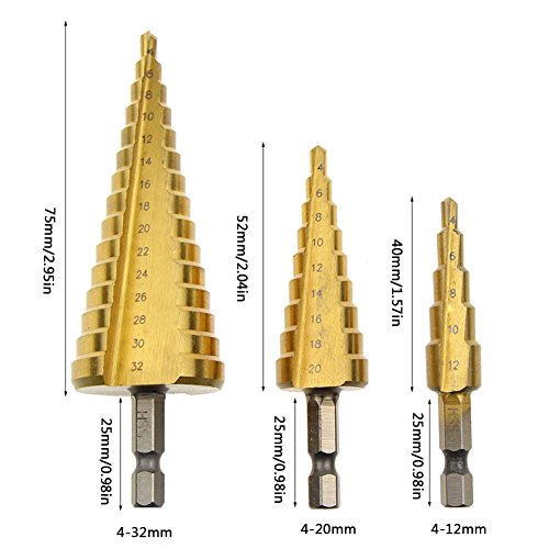 3Pcs HSS Titanium Coated Step Drill Bit Set, 1/4" Hex Shank Quick Change High Speed Steel Cone Drill Bit Kit for Plastic, Wood, Metal Sheet, Aluminum Hole Drilling (Metric 4-12mm/4-20mm/4-32mm)