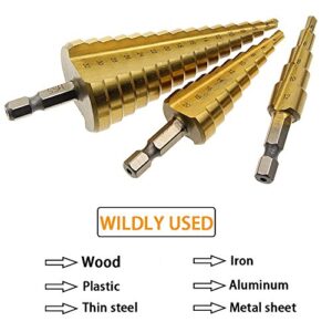 3Pcs HSS Titanium Coated Step Drill Bit Set, 1/4" Hex Shank Quick Change High Speed Steel Cone Drill Bit Kit for Plastic, Wood, Metal Sheet, Aluminum Hole Drilling (Metric 4-12mm/4-20mm/4-32mm)