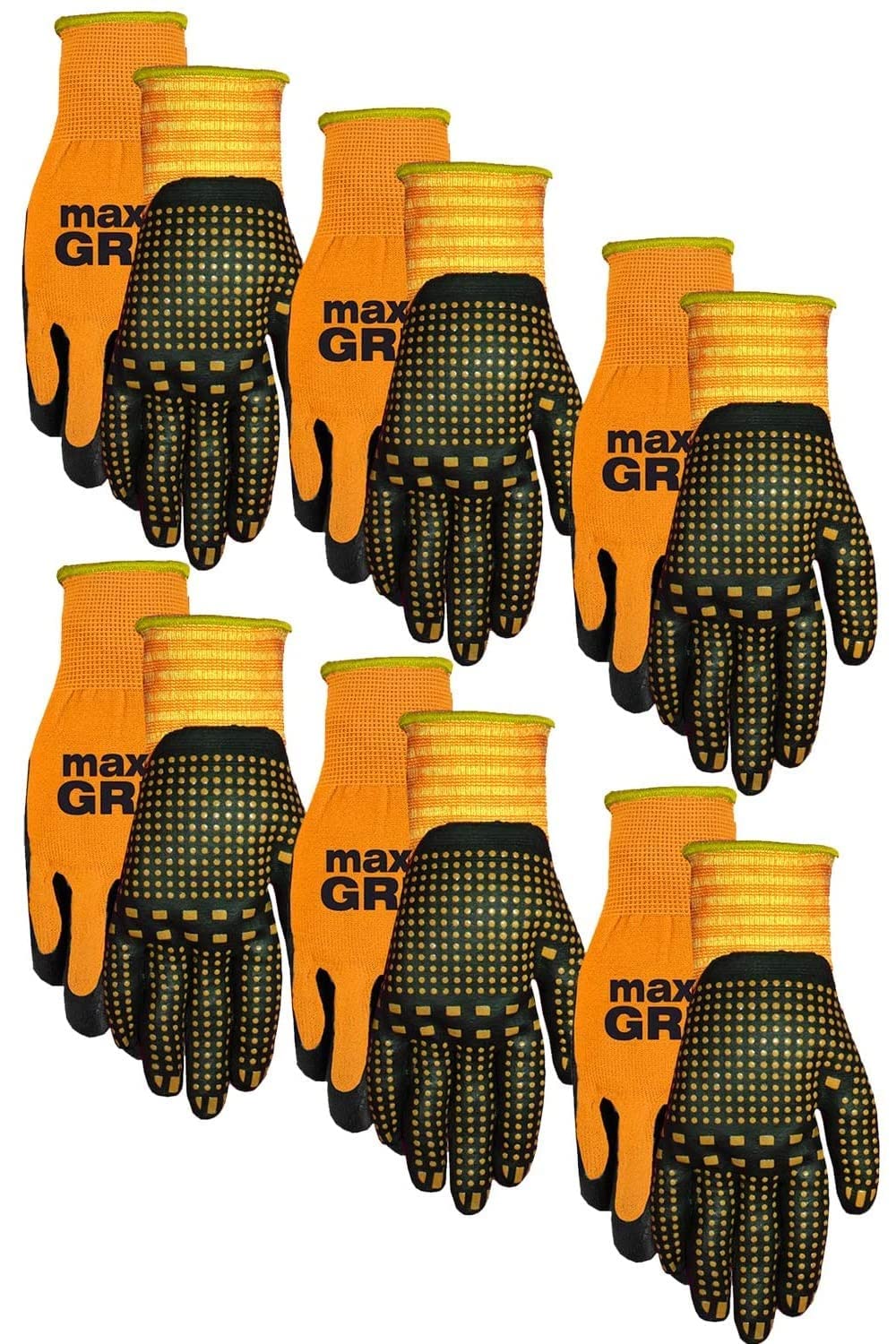 Midwest Gloves & Gear 94P06-LX-00 Grip 6 Pack Men's Max Performance Glove, Orange- Fits Large-XL