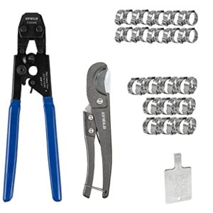 EFIELD Pex Cinch Clamp/Ear Hose Clamps Crimping Tool for Stainless Steel Clamps Sizes from 3/8" to 1" with Metal Pipe Cutter 20pcs 1/2" and 10 pcs 3/4" Clamps Suit all US F2098 Standards