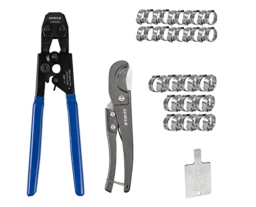 EFIELD Pex Cinch Clamp/Ear Hose Clamps Crimping Tool for Stainless Steel Clamps Sizes from 3/8" to 1" with Metal Pipe Cutter 20pcs 1/2" and 10 pcs 3/4" Clamps Suit all US F2098 Standards