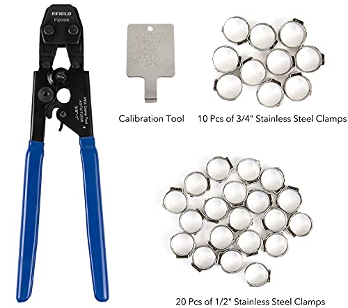 EFIELD Pex Cinch Clamp/Ear Hose Clamps Crimping Tool for Stainless Steel Clamps Sizes from 3/8" to 1" with Metal Pipe Cutter 20pcs 1/2" and 10 pcs 3/4" Clamps Suit all US F2098 Standards