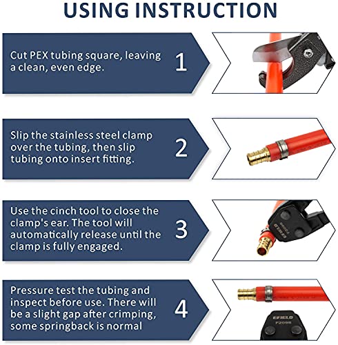 EFIELD Pex Cinch Clamp/Ear Hose Clamps Crimping Tool for Stainless Steel Clamps Sizes from 3/8" to 1" with Metal Pipe Cutter 20pcs 1/2" and 10 pcs 3/4" Clamps Suit all US F2098 Standards