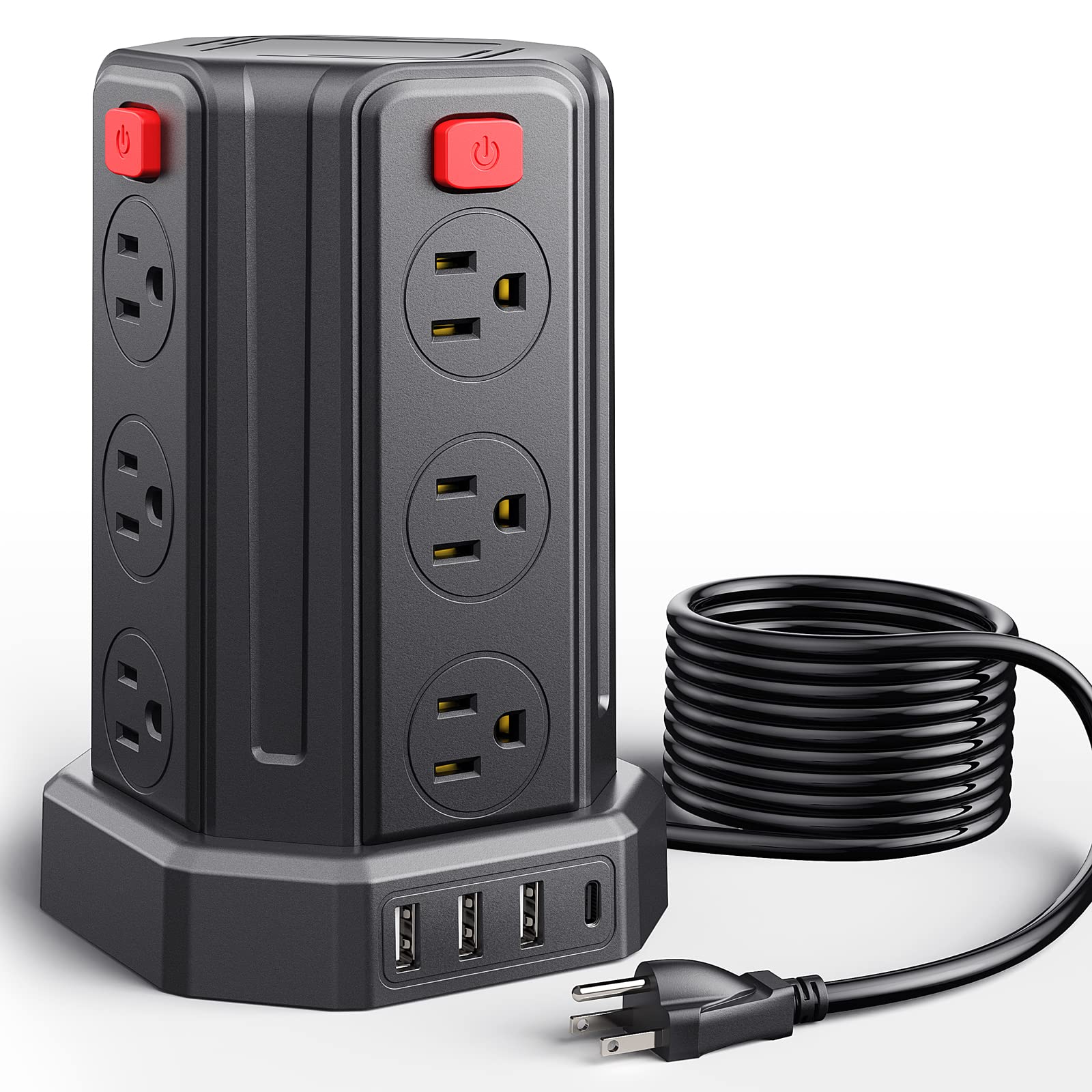 Power Strip Surge Protector, 10 Ft Extension Cord with 12 AC Multiple Outlets 4 USB (1 USB C), SMALLRT Power Tower Desktop Charging Station, Home Dorm Room Office Essentials, Desk Accessories Black