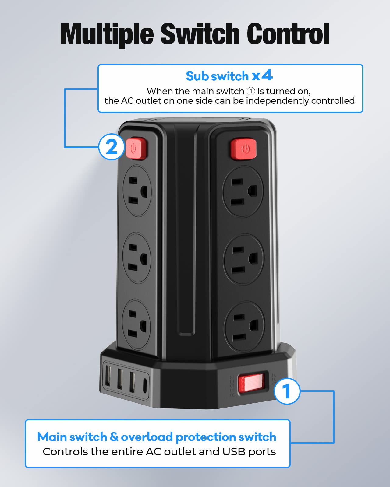 Power Strip Surge Protector, 10 Ft Extension Cord with 12 AC Multiple Outlets 4 USB (1 USB C), SMALLRT Power Tower Desktop Charging Station, Home Dorm Room Office Essentials, Desk Accessories Black