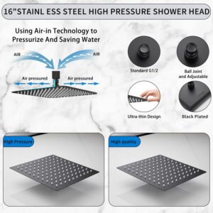 High Pressure Shower Head GGStudy Square Black Shower Head 16 Inch Large Stainless Steel Shower Heads Ultra Thin Rainfall Bath Shower 1/2 Connection