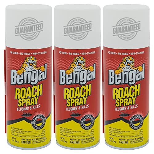 Bengal Roach Spray, Odorless Stain-Free Dry Spray, 3-Count, 9 Oz. Aerosol Cans