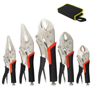 kotto 5 pack set locking pliers set, 5 inch, 7 inch and 10 inch curved jaw locking pliers, 7 inch and 9 inch long nose locking pliers with storage bag