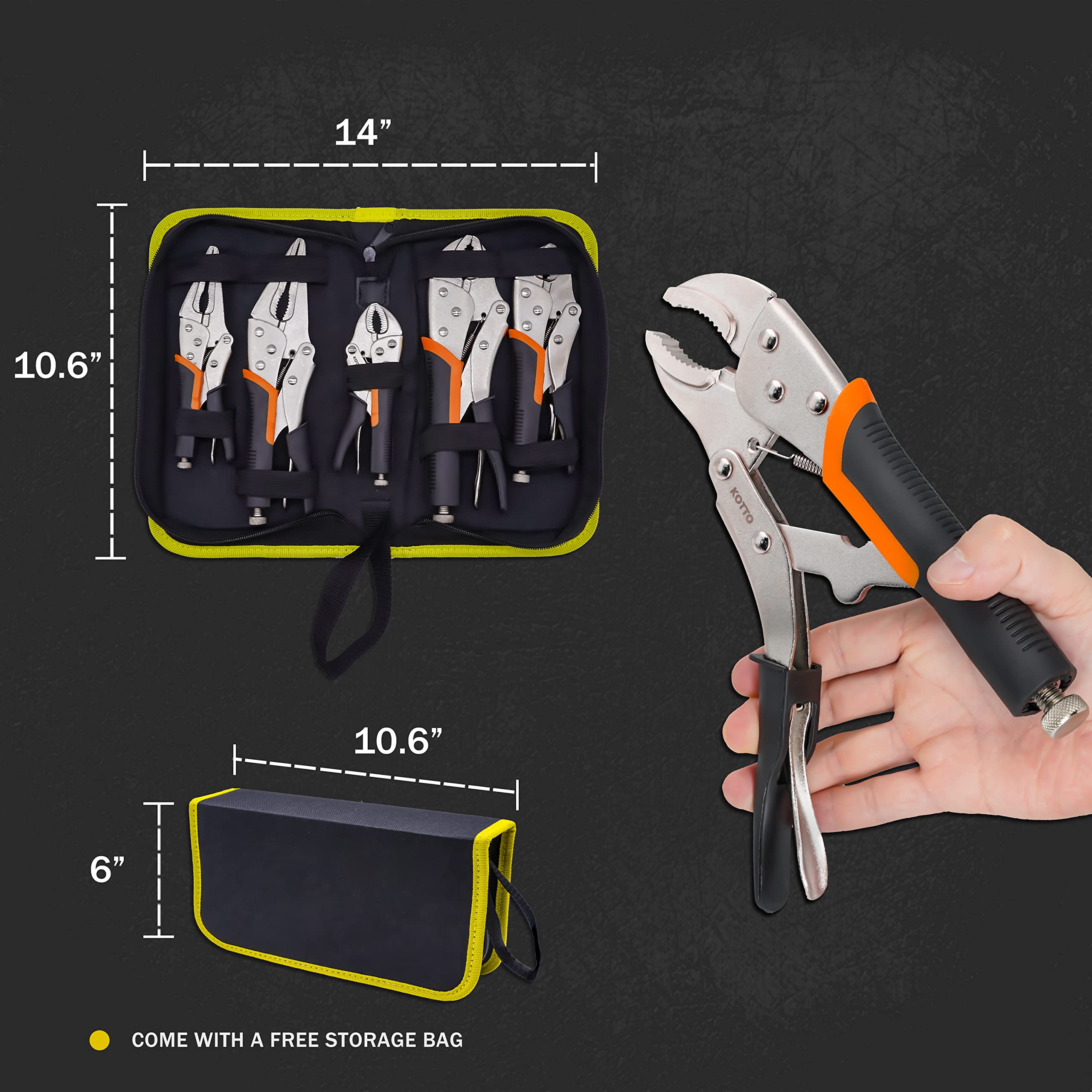 KOTTO 5 Pack Set Locking Pliers Set, 5 Inch, 7 Inch and 10 Inch Curved Jaw Locking Pliers, 7 Inch and 9 Inch Long Nose Locking Pliers with Storage Bag