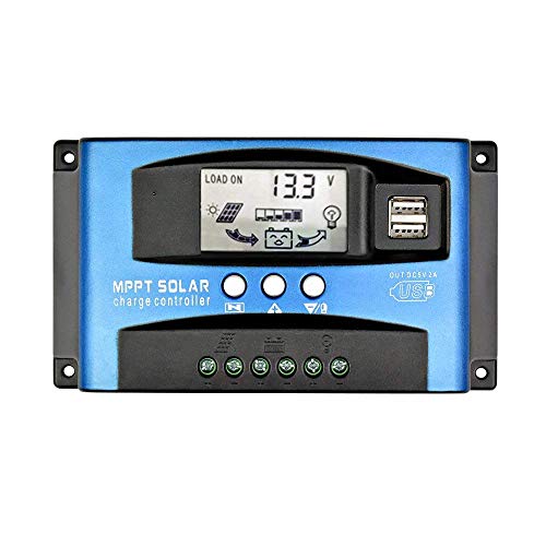 Fuhuihe 12V/24V MTTP Solar Charge Controller Solar Panel Battery Charger Intelligent Regulator with Dual USB Port LCD Display Overcurrent Protection for Home, Industry, Commercial (Blue, 100A)