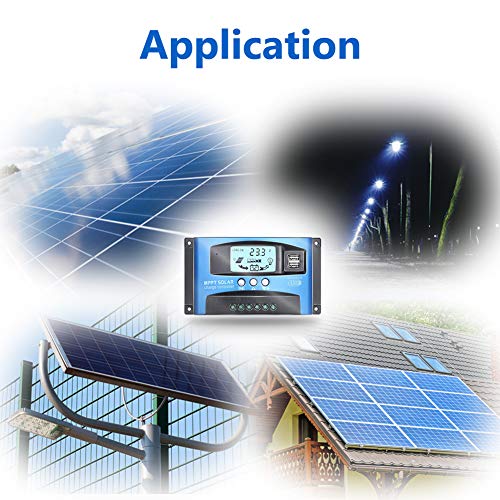 Fuhuihe 12V/24V MTTP Solar Charge Controller Solar Panel Battery Charger Intelligent Regulator with Dual USB Port LCD Display Overcurrent Protection for Home, Industry, Commercial (Blue, 100A)