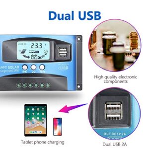 Fuhuihe 12V/24V MTTP Solar Charge Controller Solar Panel Battery Charger Intelligent Regulator with Dual USB Port LCD Display Overcurrent Protection for Home, Industry, Commercial (Blue, 100A)