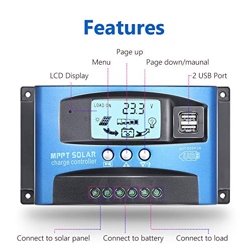 Fuhuihe 12V/24V MTTP Solar Charge Controller Solar Panel Battery Charger Intelligent Regulator with Dual USB Port LCD Display Overcurrent Protection for Home, Industry, Commercial (Blue, 100A)