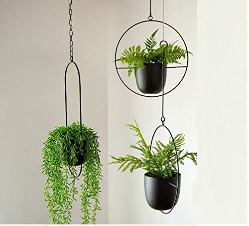 RISEON Boho Black Metal Plant Hanger,Metal Wall and Ceiling Hanging Planter, Modern Planter, Mid Century Flower Pot Plant Holder, Minimalist Planter for Indoor Outdoor Home Decor