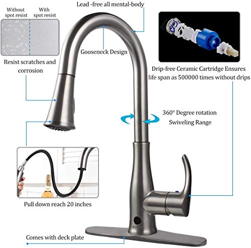 Kitchen Faucets with Pull Down Sprayer,Soosi Touchless Motion Sensor Single Handle Kitchen Faucet High Arc 2-Function Kitchen Sink Faucets Brushed Nickel One&3Hole Deck Mount Spot Free Stainless Steel