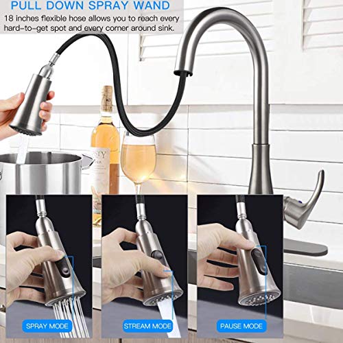 Kitchen Faucets with Pull Down Sprayer,Soosi Touchless Motion Sensor Single Handle Kitchen Faucet High Arc 2-Function Kitchen Sink Faucets Brushed Nickel One&3Hole Deck Mount Spot Free Stainless Steel