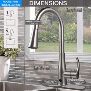 Kitchen Faucets with Pull Down Sprayer,Soosi Touchless Motion Sensor Single Handle Kitchen Faucet High Arc 2-Function Kitchen Sink Faucets Brushed Nickel One&3Hole Deck Mount Spot Free Stainless Steel