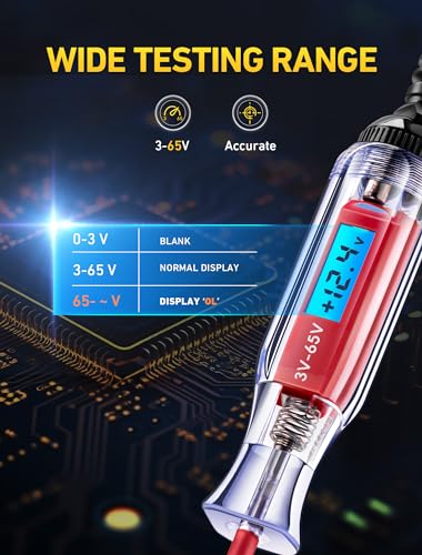 Heavy Duty 3-65V Backlit Digital LCD Circuit Tester, Test Light with 140 Inch Extended Spring Wire, Car Truck Low Voltage & Light Tester with Stainless Probe