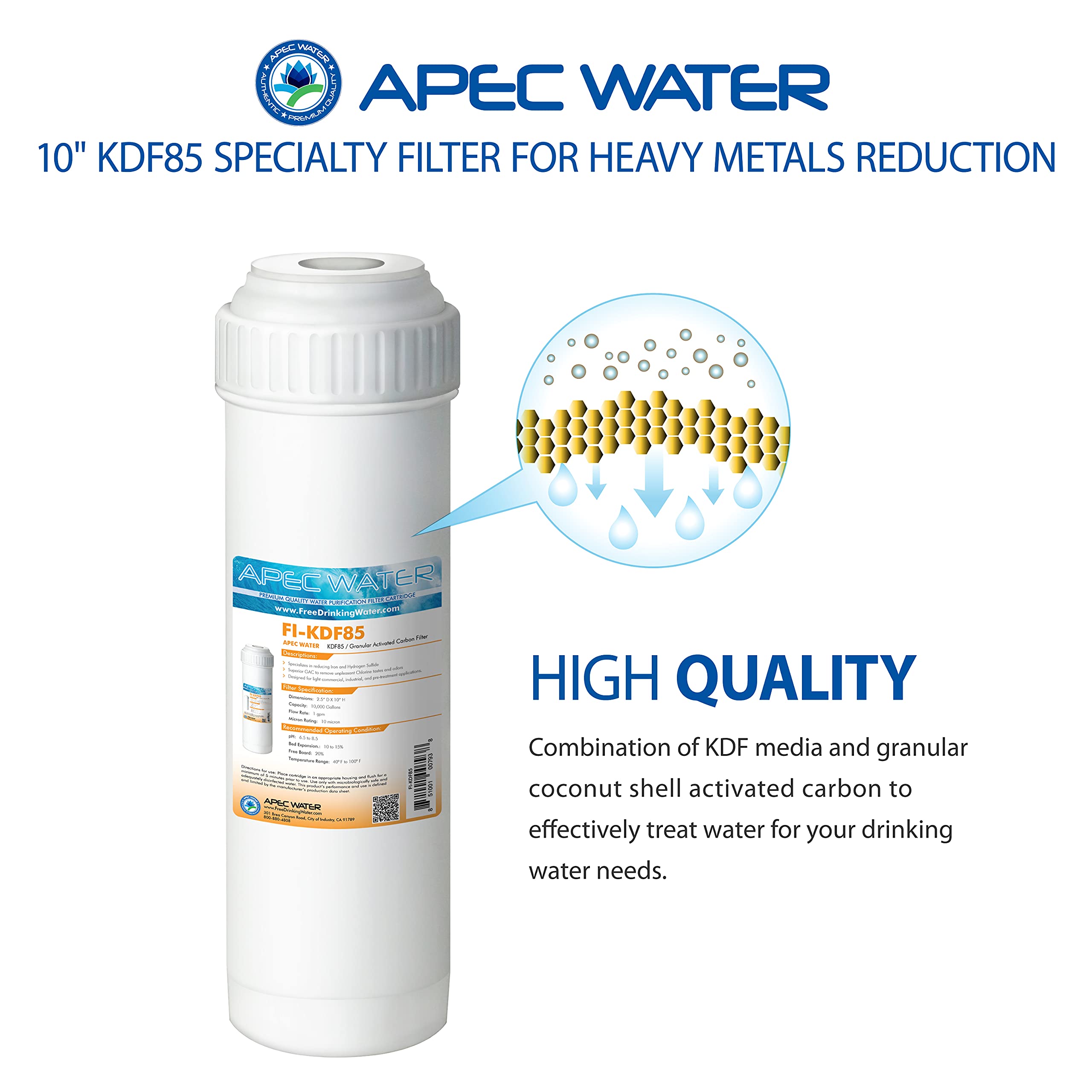 APEC Water Systems FI-KDF85 Iron and Hydrogen Sulfide Reduction Specialty Water Filter, 2.5"x10