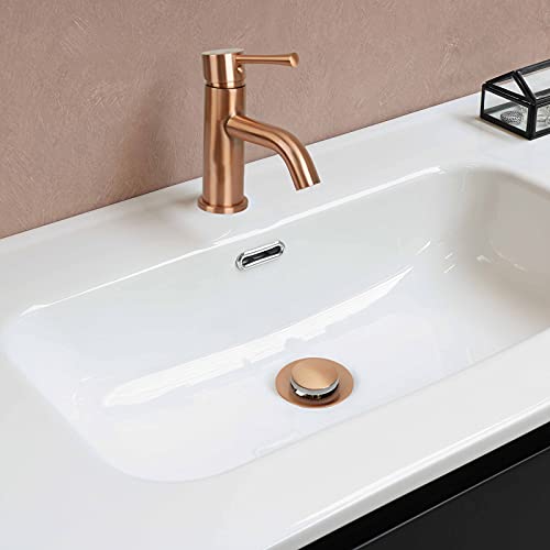 Copper Push Button Bathroom Sink Drain Stop & Pop up Lavatory Stopper with Overflow Bathroom Basin - Akicon