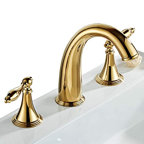 Beelee Gold Solid Brass Widespread Bathroom Faucet 3 Hole Two Handle Deck Mounted Faucet High Arc Lavatory Sink Taps with Ceramic Valve and 2 Hoses