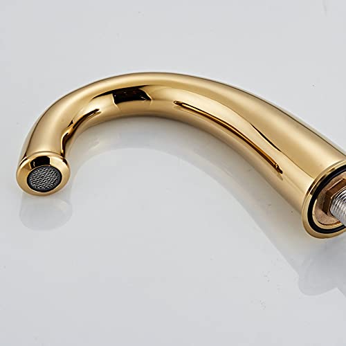 Beelee Gold Solid Brass Widespread Bathroom Faucet 3 Hole Two Handle Deck Mounted Faucet High Arc Lavatory Sink Taps with Ceramic Valve and 2 Hoses