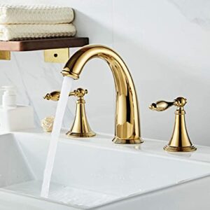 Beelee Gold Solid Brass Widespread Bathroom Faucet 3 Hole Two Handle Deck Mounted Faucet High Arc Lavatory Sink Taps with Ceramic Valve and 2 Hoses