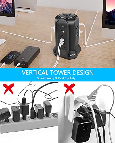 Power Strip Tower Surge Protector, BEVA Surge Protector Tower with 9 AC Outlet and 4 USB Ports, 18AWG 6.5 Feet Extension Cord, 3-Prong Flat Plug, Multiple Outlets for Office Apartment Dorm Essentials