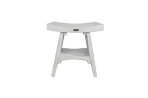 coastalvogue serenity shower stool teak wood eastern style shower bench with curved seat and storage shelf, wood shower seat stool in antique white finish - 18 inches