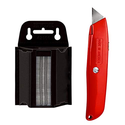 CANOPUS Utility Knife Blades Dispenser with Retractable Utility Knife, Heavy Duty Single Edge Sharp Razor Blades, Made in USA, Pack of 100