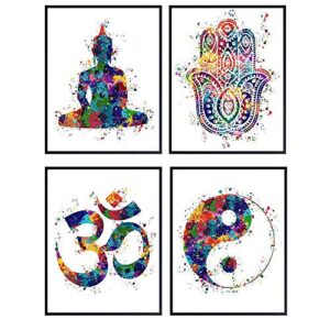 meditation zen wall art prints - unframed set of 4 - buddha, yin yang, om and hamsa fatima hand - chic home decor - great gift for yoga fans – ready frame (8x10) watercolor photos