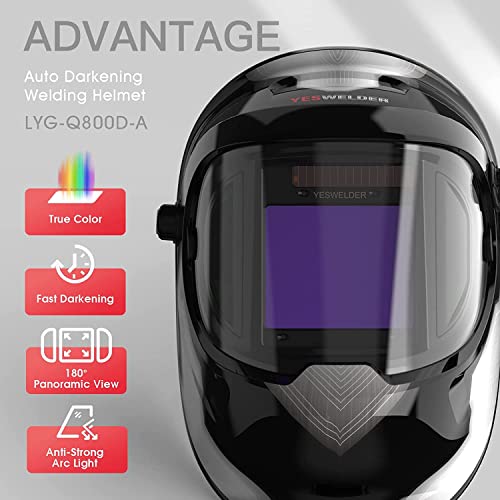 YESWELDER Large Viewing True Color Solar Powered Auto Darkening Welding Helmet with Side View, 4 Arc Sensor Wide Shade 4/5-9/9-13 Welder Mask for TIG MIG ARC Grinding Plasma LYG-Q800D-A