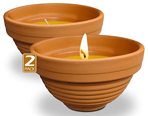 HYOOLA Citronella Candles in Terra Cotta Bowl - 2 Pack - 12 Hour - Large Flame, Insect and Mosquito Repellent Effect, European Made