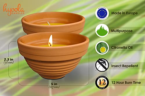 HYOOLA Citronella Candles in Terra Cotta Bowl - 2 Pack - 12 Hour - Large Flame, Insect and Mosquito Repellent Effect, European Made