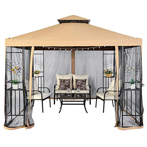 SUNA OUTDOOR 10x10 Ft Outdoor Gazebo Steel Frame Two-Tiered Top Canopy, Heart Screen Decor Gazebo with Adjustable Netting for Garden Backyard, Beige