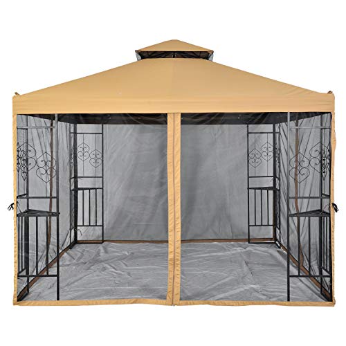 SUNA OUTDOOR 10x10 Ft Outdoor Gazebo Steel Frame Two-Tiered Top Canopy, Heart Screen Decor Gazebo with Adjustable Netting for Garden Backyard, Beige