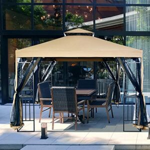 SUNA OUTDOOR 10x10 Ft Outdoor Gazebo Steel Frame Two-Tiered Top Canopy, Heart Screen Decor Gazebo with Adjustable Netting for Garden Backyard, Beige