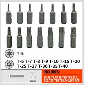 HORUSDY 14-Piece Tamper Resistant Star Bits, S2 Alloy Steel, T5 - T40 Security Torx Bit Set. (14-Piece Torx Bit Set)