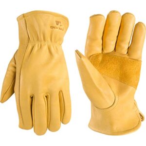 wells lamont men's reinforced cowhide leather work gloves with palm patch | large (1129l) , tan, saddletan