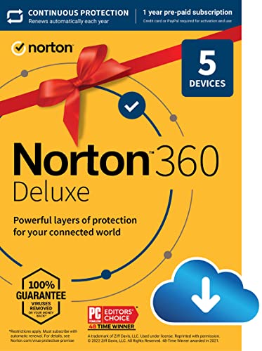 Norton 360 Deluxe, 2024 Ready, Antivirus software for 5 Devices with Auto Renewal - Includes VPN, PC Cloud Backup & Dark Web Monitoring [Download]