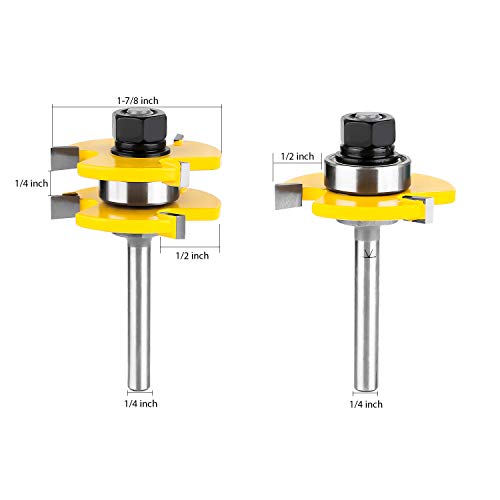 KOWOOD Tongue and Groove Set of 2 Pieces 1/4 Inch Shank Router Bit 3 Teeth Adjustable T Shape Wood Milling Cutter