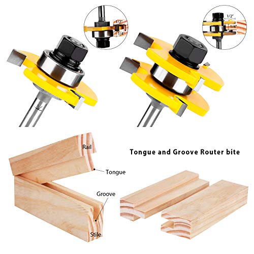 KOWOOD Tongue and Groove Set of 2 Pieces 1/4 Inch Shank Router Bit 3 Teeth Adjustable T Shape Wood Milling Cutter