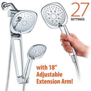 AQUABAR High Pressure Square 3-way Luxury Spa Combo System with Adjustable 18" Extension Arm for Easy Reach & Mobility - Use 7.5" Rain & Handheld Shower Head Separately or Together/All-Chrome Finish