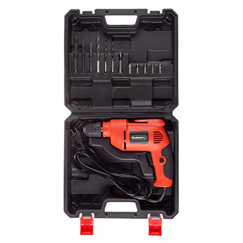 Stalwart 75-PT1037 Electric Power Drill with 6-Foot Cord – Variable Speed, Reversable Wired Screwdriver with Bubble Level, Carrying Case & Accessories