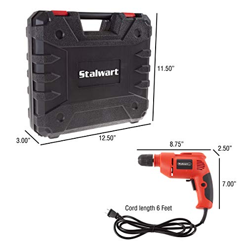 Stalwart 75-PT1037 Electric Power Drill with 6-Foot Cord – Variable Speed, Reversable Wired Screwdriver with Bubble Level, Carrying Case & Accessories