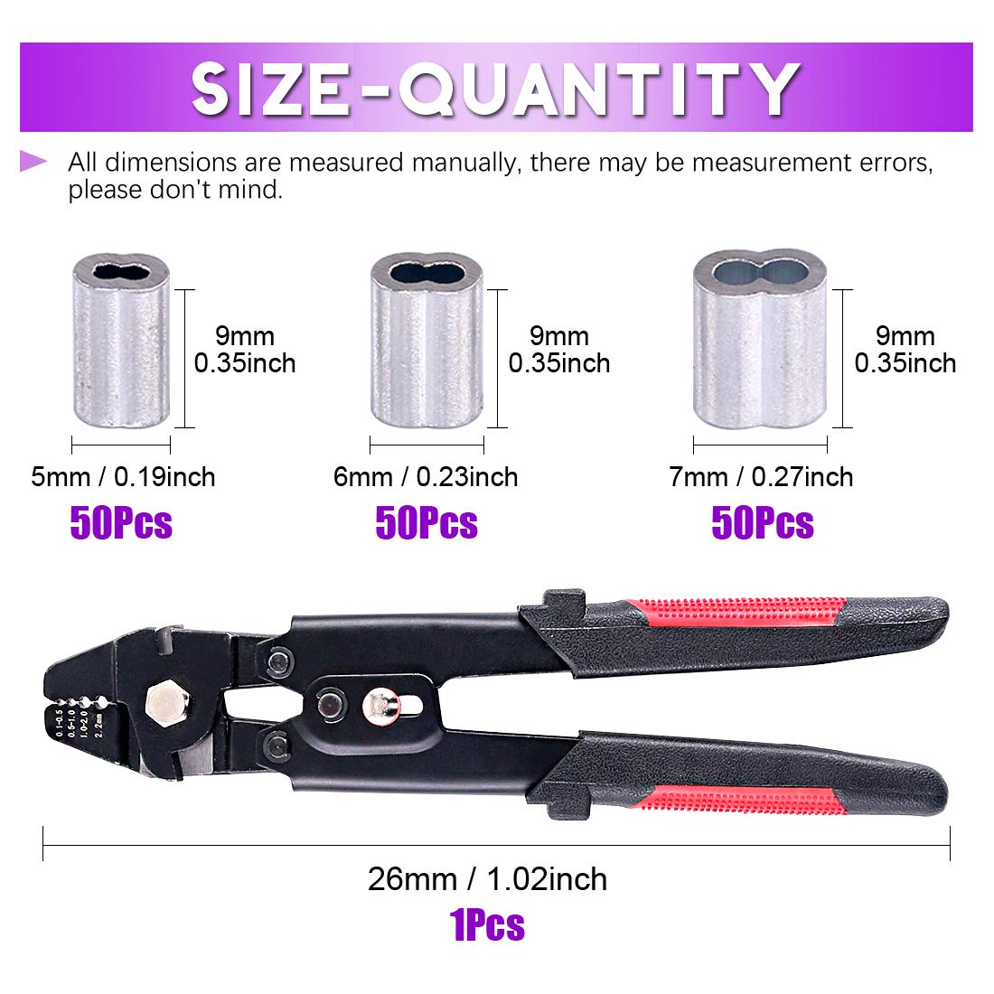 Swpeet Profession Up To 2.2mm Wire Rope Crimping Tool Wire Rope Swager Crimpers Fishing Crimping Tool With 150Pcs 3 Size Aluminum Double Barrel Ferrule Crimping Loop Sleeve Kit