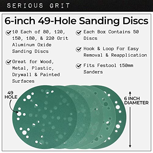 Serious Grit - 6-Inch 49-Hole Sanding Discs Assortment - 80, 120, 150, 180, 220 Grit (10 of Each) - Heavy-Duty Hook & Loop Film Discs - Sandpaper for Random Orbital Sanders - 50 Pack Box