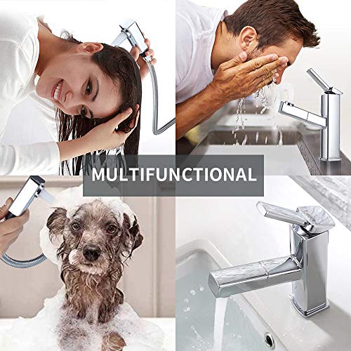 KAIYING Bathroom Sink Faucet with Pull Out Sprayer, Single Handle Basin Mixer Tap for Hot and Cold Water, Lavatory Pull Down Vessel Sink Faucet with Rotating Spout (Regular, Chrome)