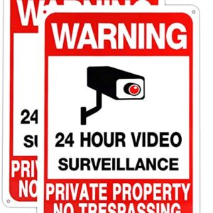 Large No Trespassing Signs Private Property Metal,Warning 24 Hour Video Surveillance Sign 10x14 Aluminum UV Printed,Durable/Weatherproof Up to 7 Years Outdoor for Home and Business (2-Pack)