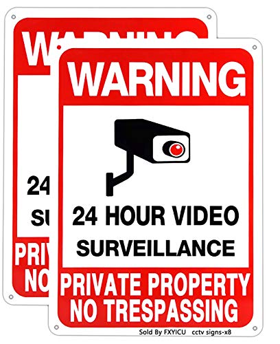 Large No Trespassing Signs Private Property Metal,Warning 24 Hour Video Surveillance Sign 10x14 Aluminum UV Printed,Durable/Weatherproof Up to 7 Years Outdoor for Home and Business (2-Pack)